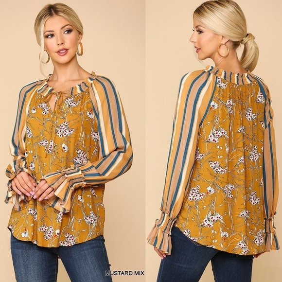 Gigio | Tops | Gigio Mixed Print Peasant Top Nwt Long Sleeve Floral ...